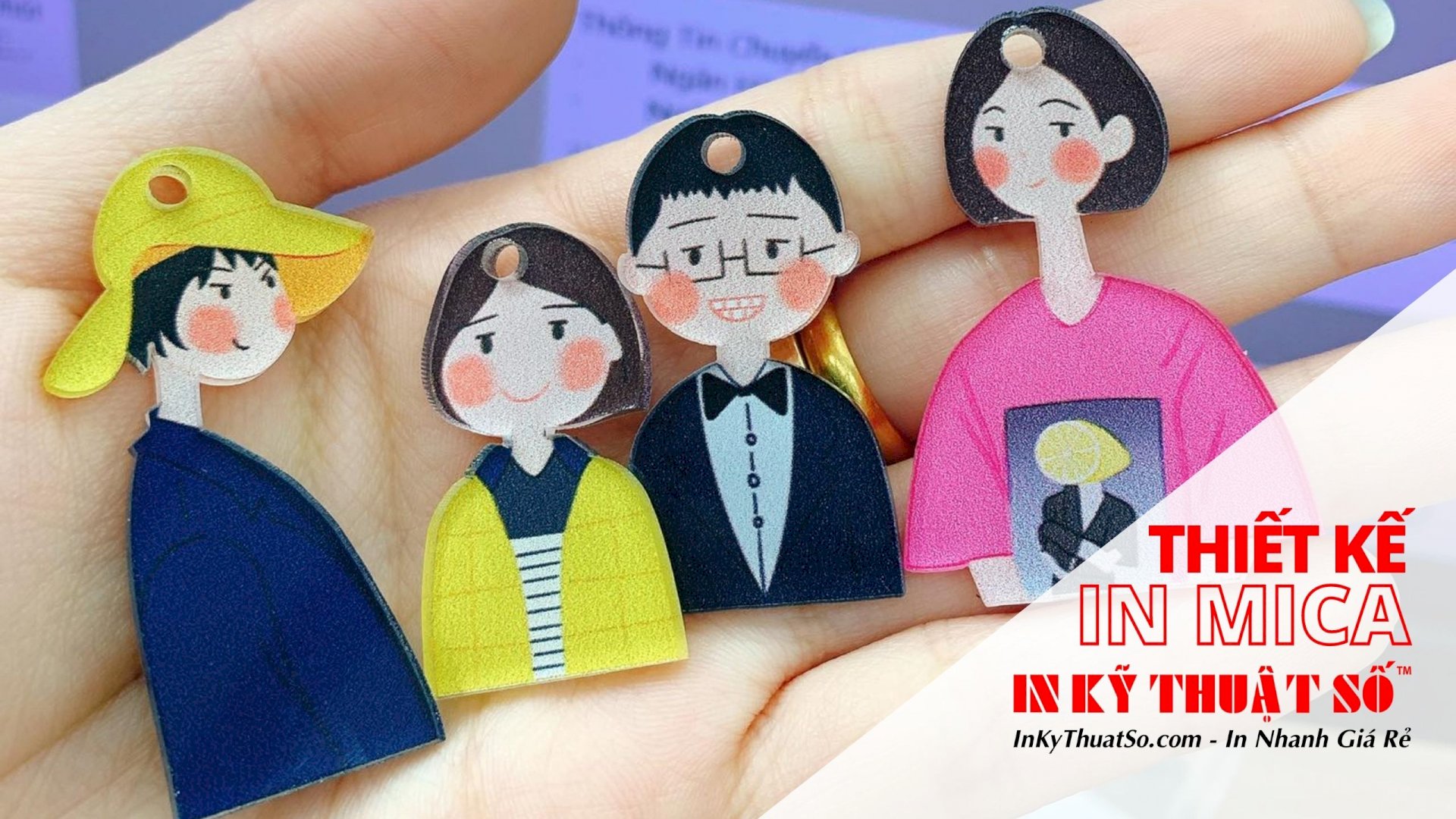 In trên mica, in UV lên mica nhựa, móc khóa mica, bảng hiệu mica