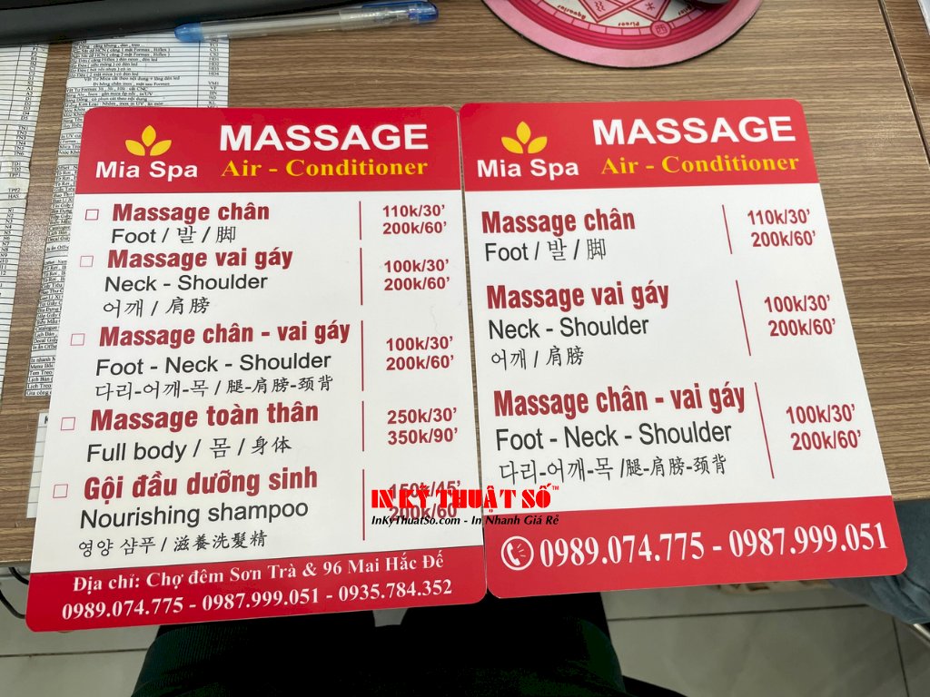 In menu Spa Massage tiếng Việt - tiếng Anh - tiếng Hàn - tiếng Trung ...
