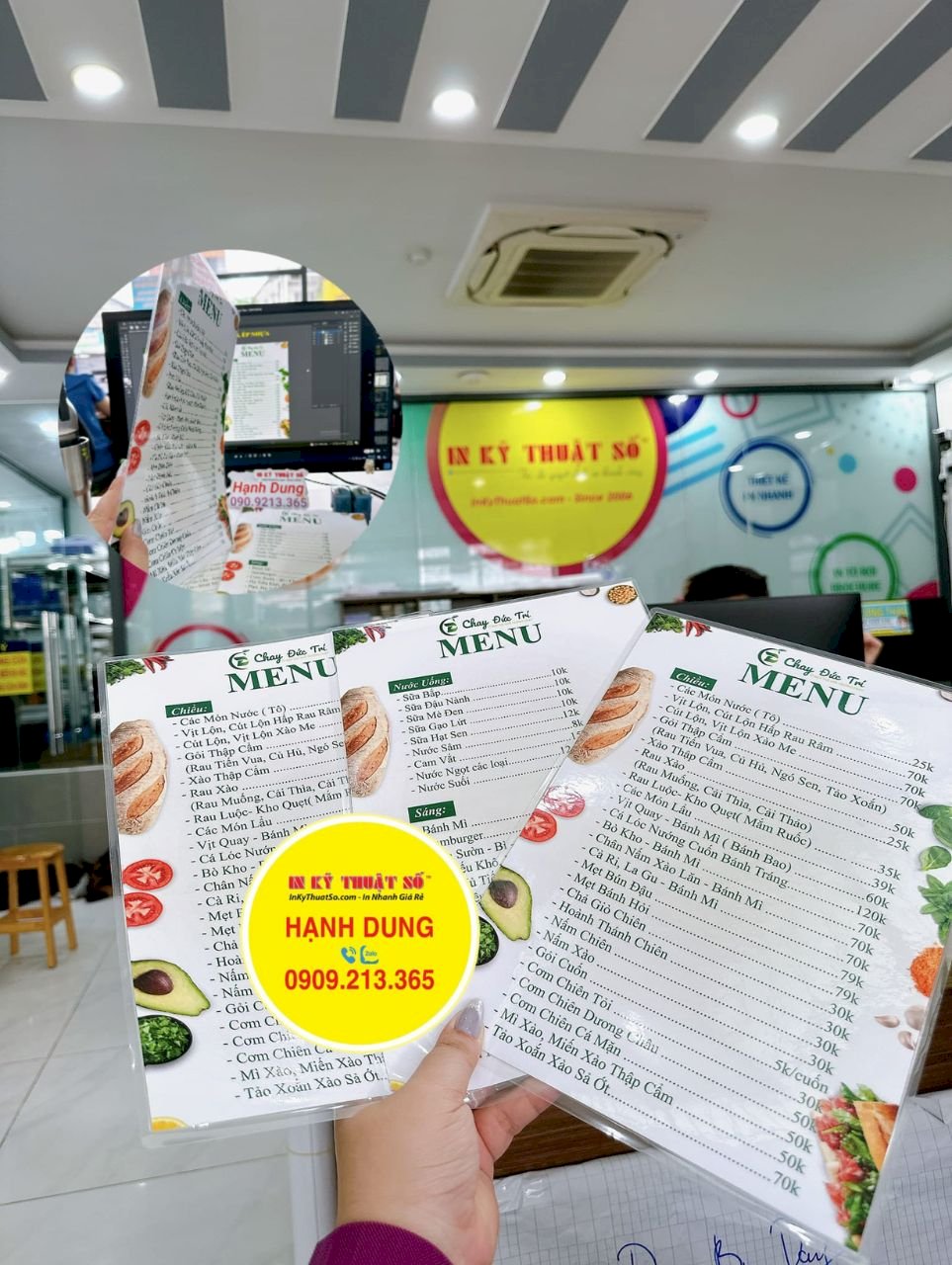 In menu thực đơn quán cơm chay, in menu tấm cầm tay ép plastic khổ A4 ...