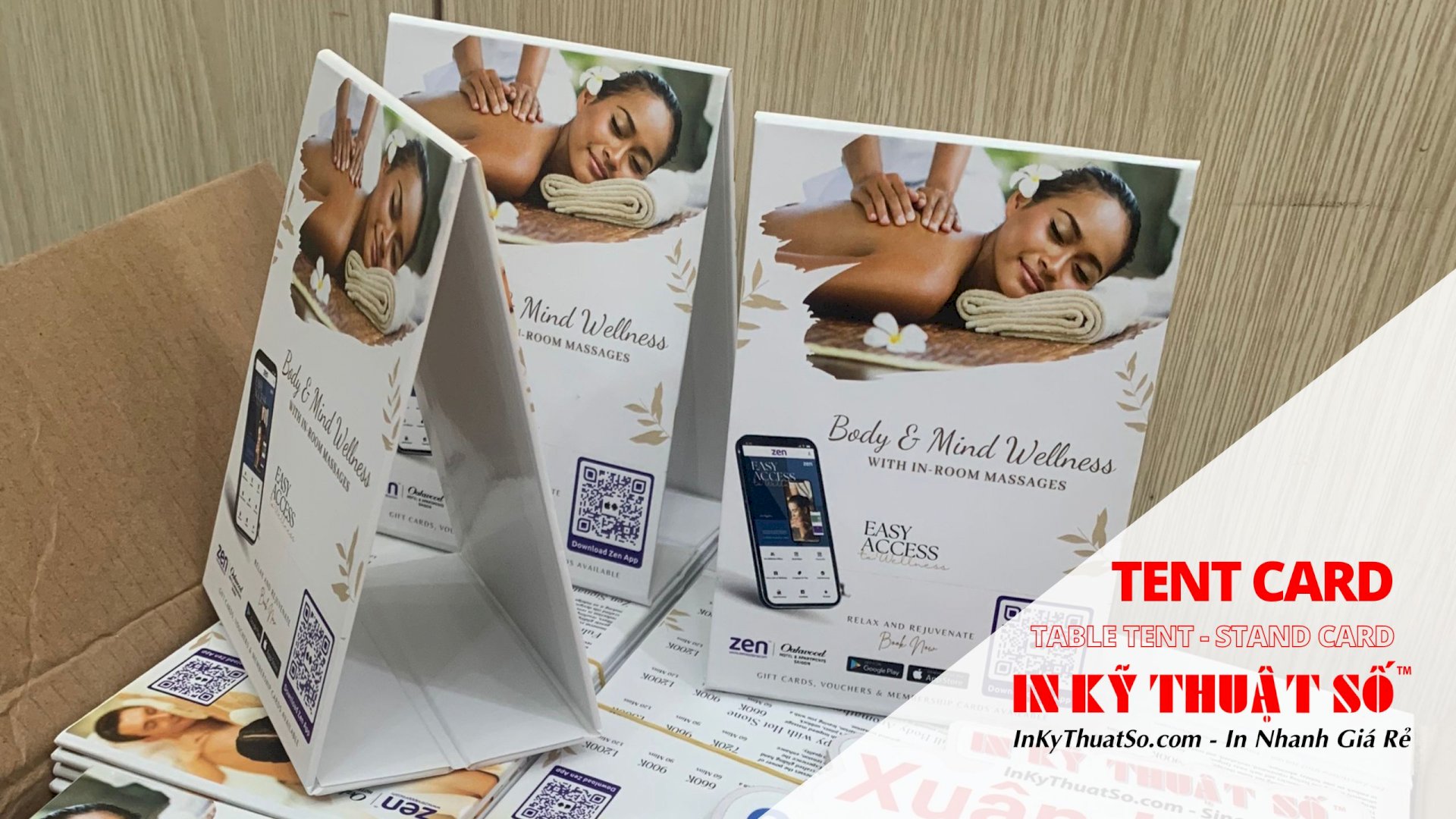 In tent card, table tent, stand card, standee để bàn