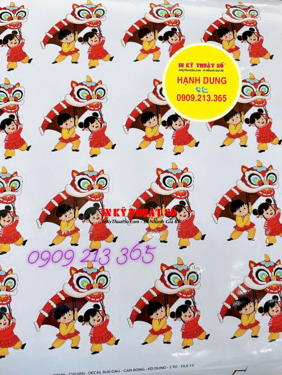 In sticker Trung thu Thiếu nhi múa lân, in Decal sữa mực dầu, cán bóng ...