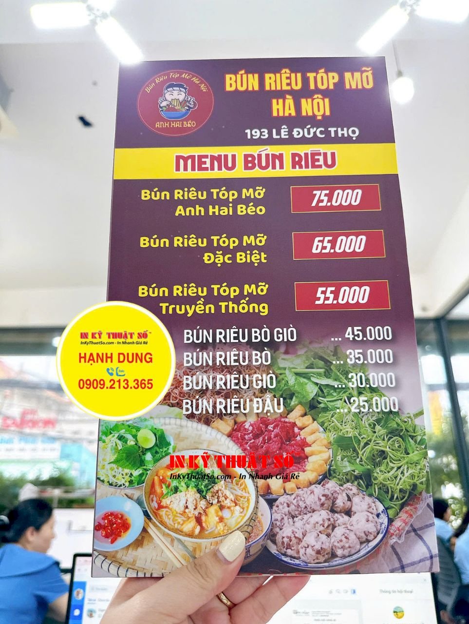 In menu quán bún riêu tóp mỡ Hà Nội, menu tấm cầm tay, in trên tấm ...