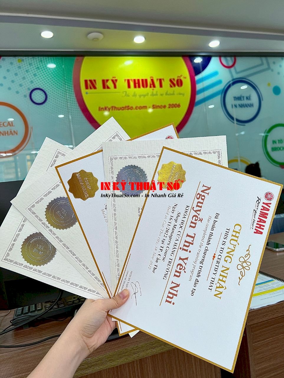 In chứng nhận giấy mỹ thuật nhũ bạc S15, ép kim, dập nổi logo màu vàng ...