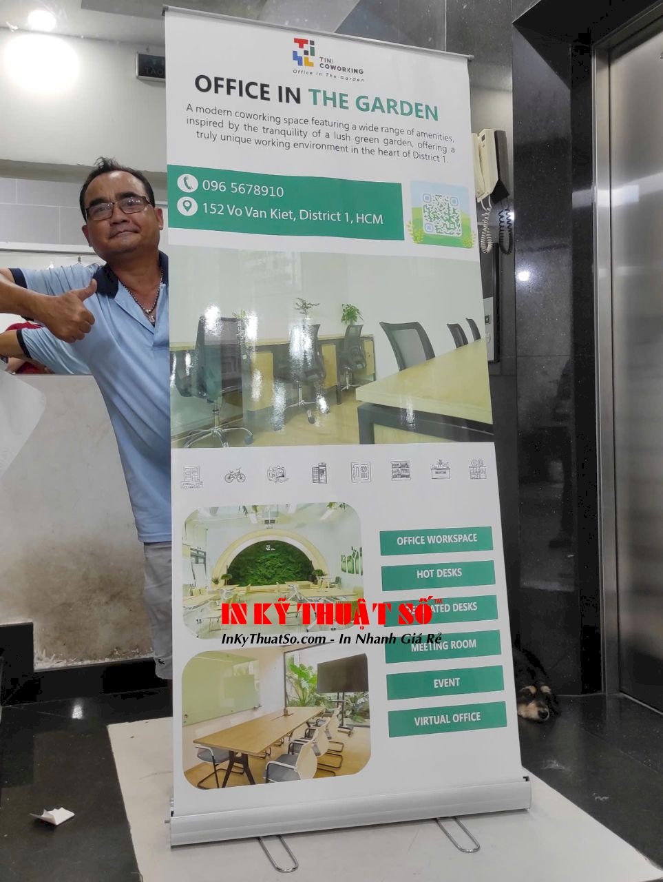 In standee cuốn nhôm cao cấp 80x180cm giới thiệu mô hình văn phòng chia sẻ Coworking Space ...