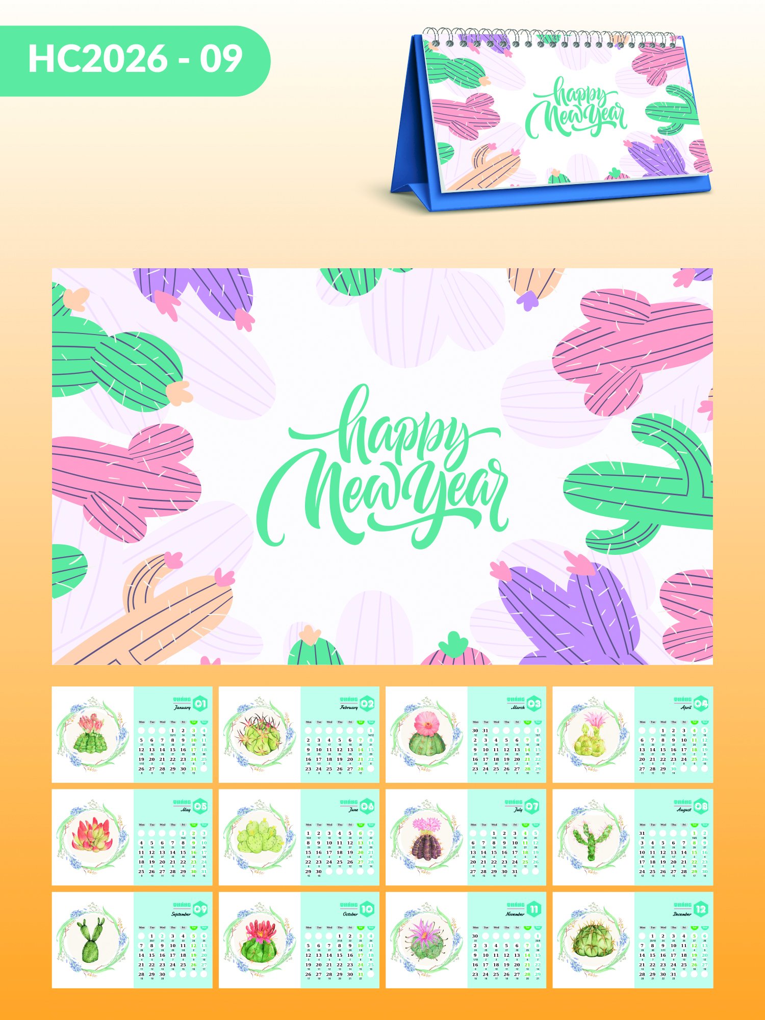 Lịch để bàn doanh nghiệp thiết kế chủ đề Xương Rồng Watercolor Cactus ...